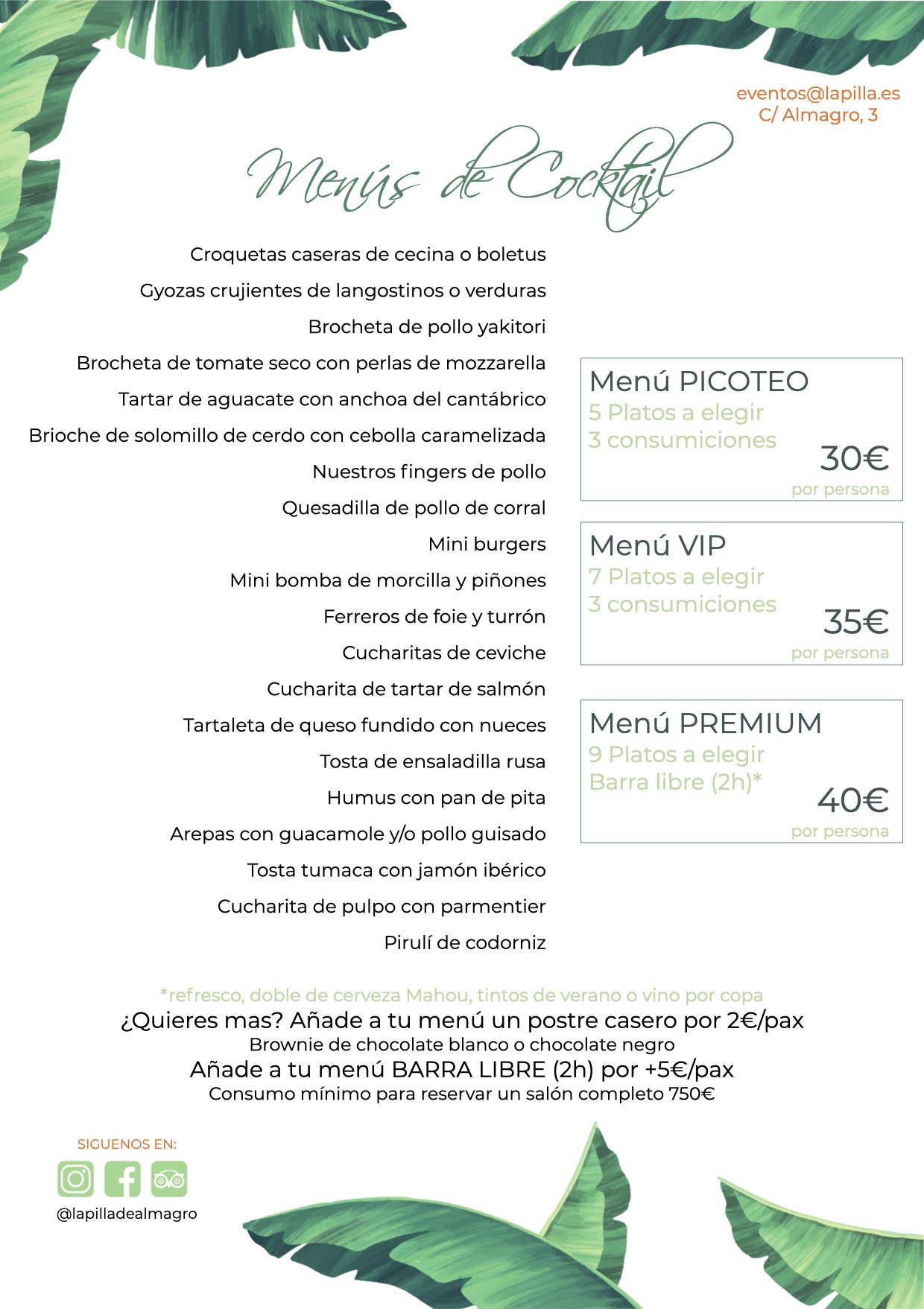 Restaurante para EVENTOS en Madrid | Menús de Grupo LA PILLA